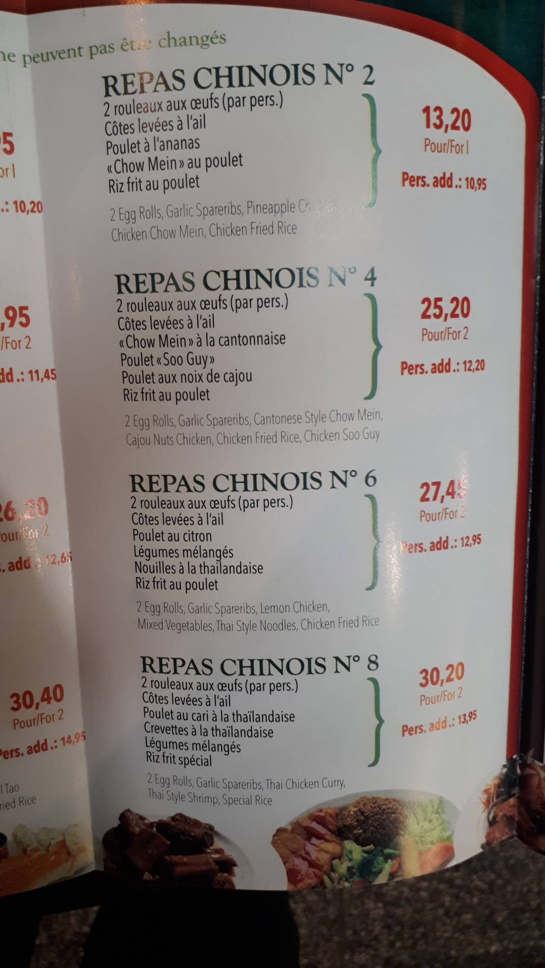 Menu au Restaurant Buffet Maison Chan, Mont-Saint-Hilaire