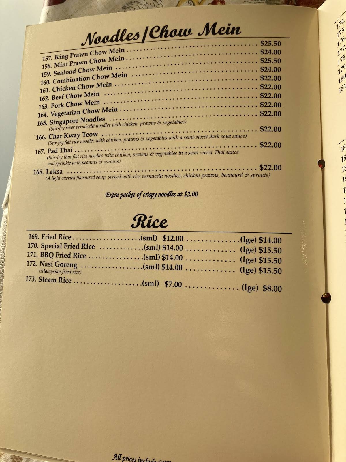 Menu at Bunga Raya Chinese Restaurant, Alstonville, 82 Main St