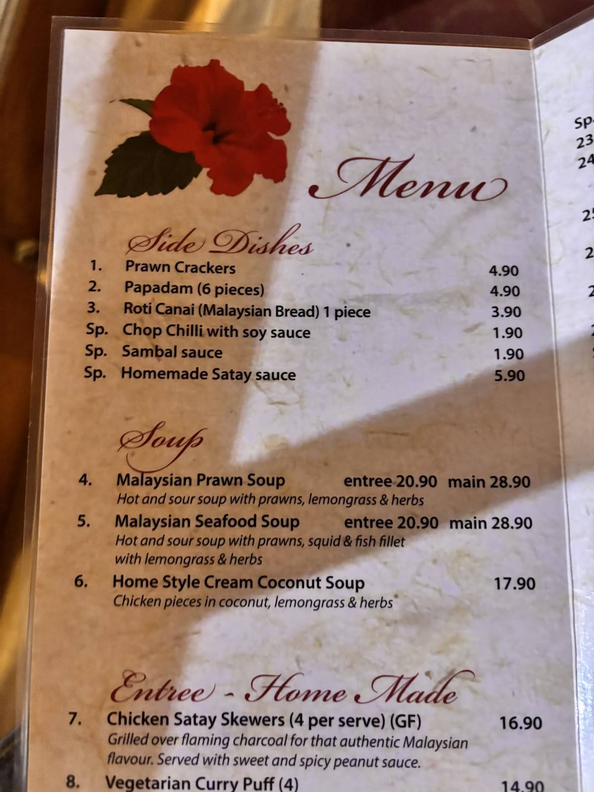 Menu at BungaRaya Satay House Malaysian Restaurant, Merimbula