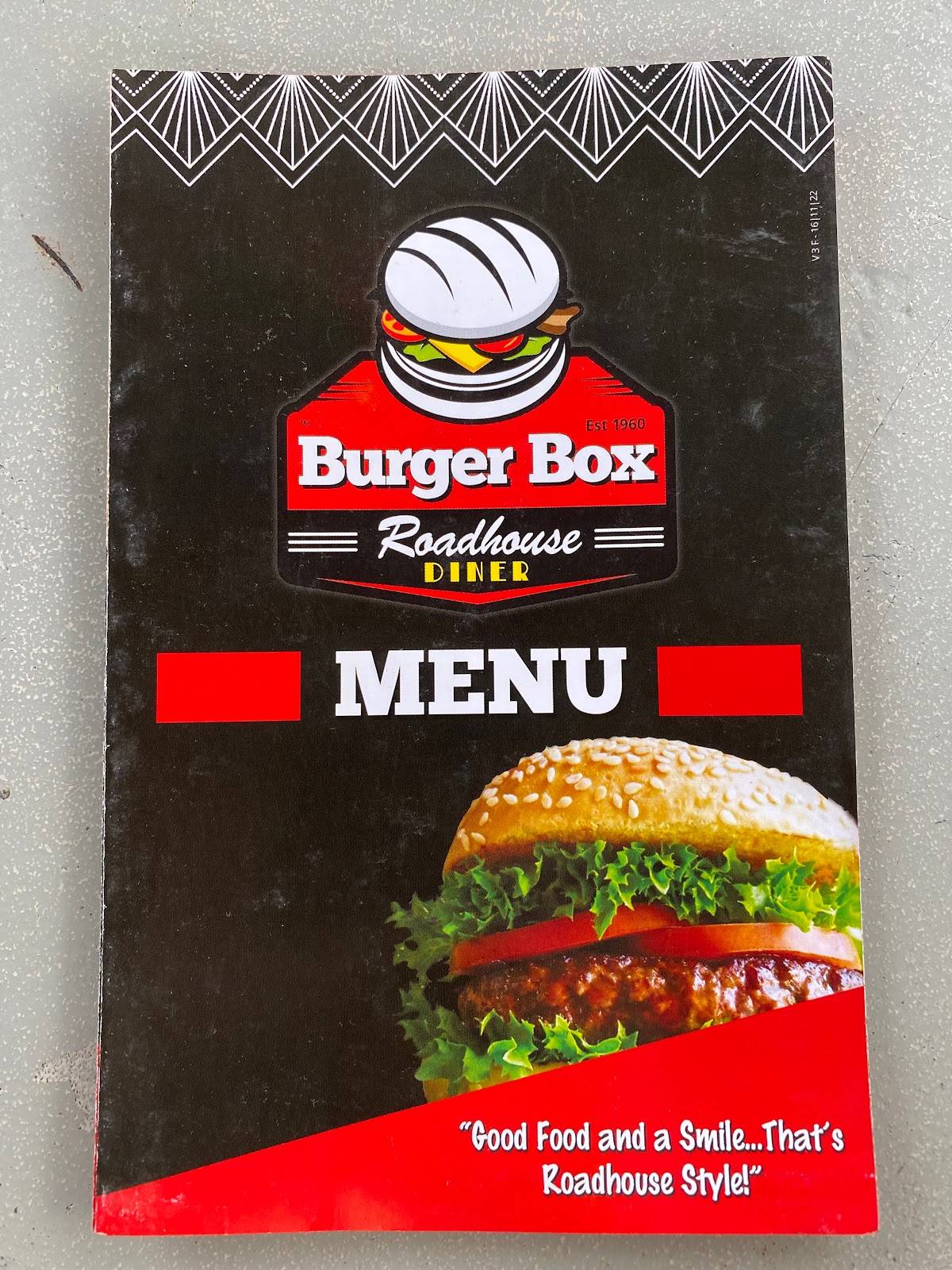 Menu at Burger Box Roadhouse restaurant, Krugersdorp, Gauteng