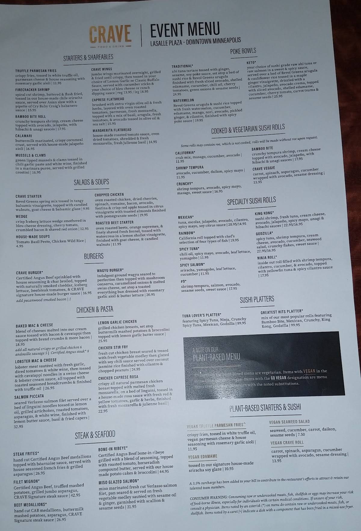 Menu at CRAVE American Kitchen & Sushi Bar (LaSalle Plaza - Minneapolis ...