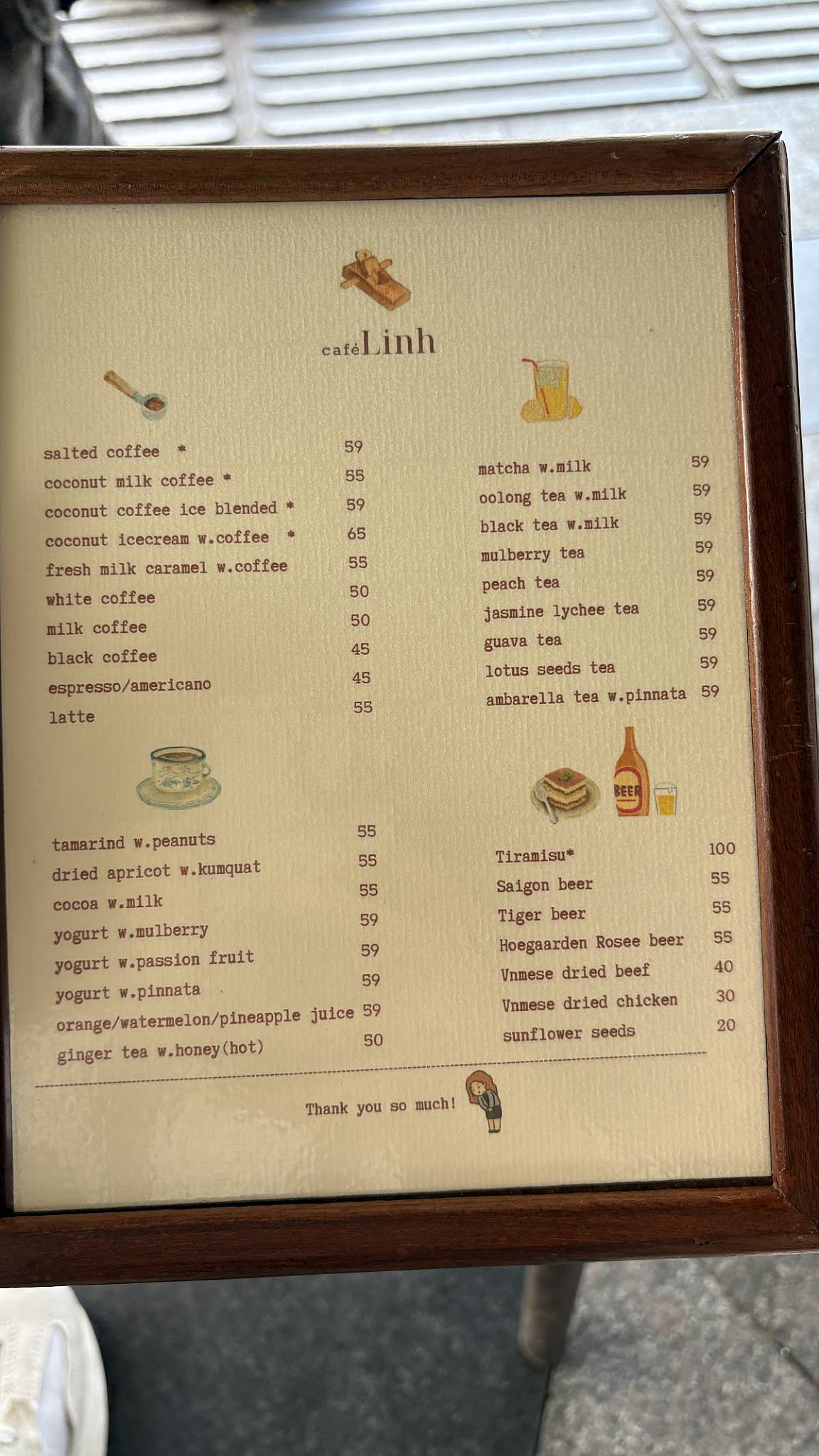 Menu at Cà phê Linh restaurant, Ho Chi Minh City, 1 Trương Định