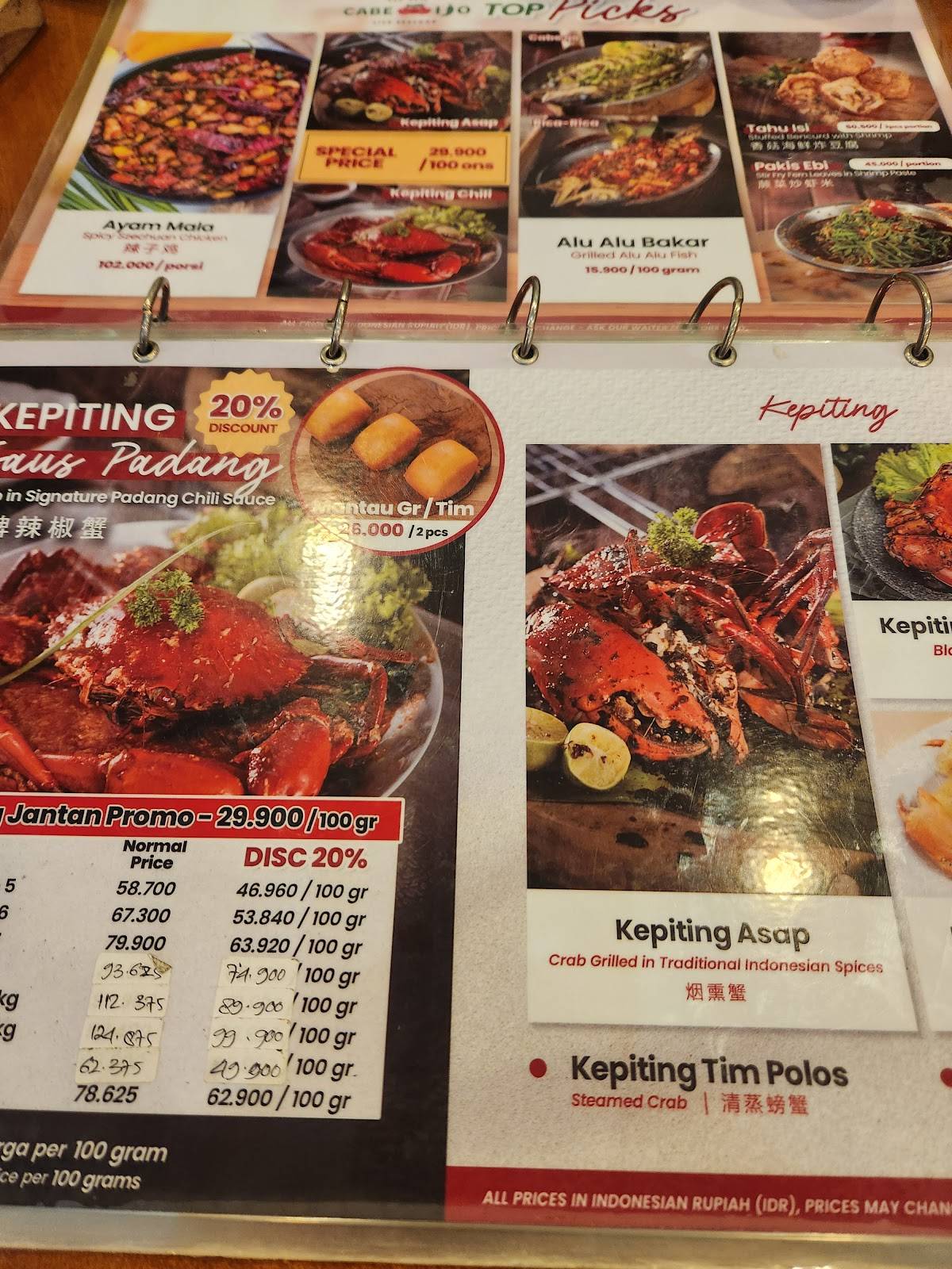 Menu at Cabe Ijo Seafood Resto restaurant, Central Jakarta, Jl. Batu ...