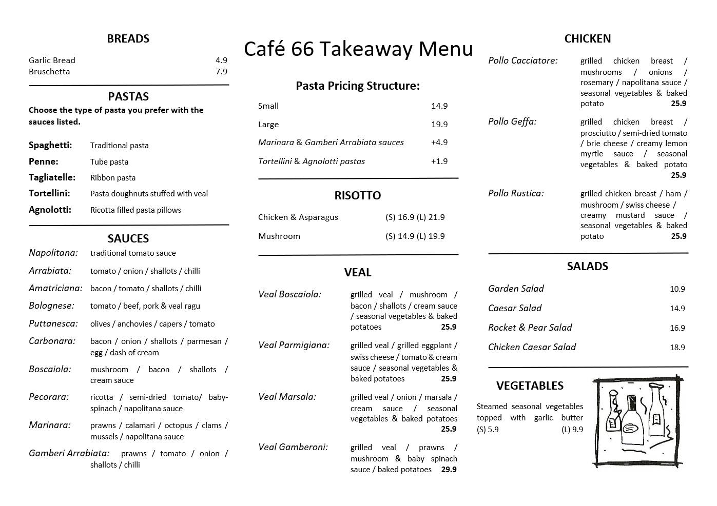 Menu at Cafe 66, Port Macquarie, 1/66 Clarence St