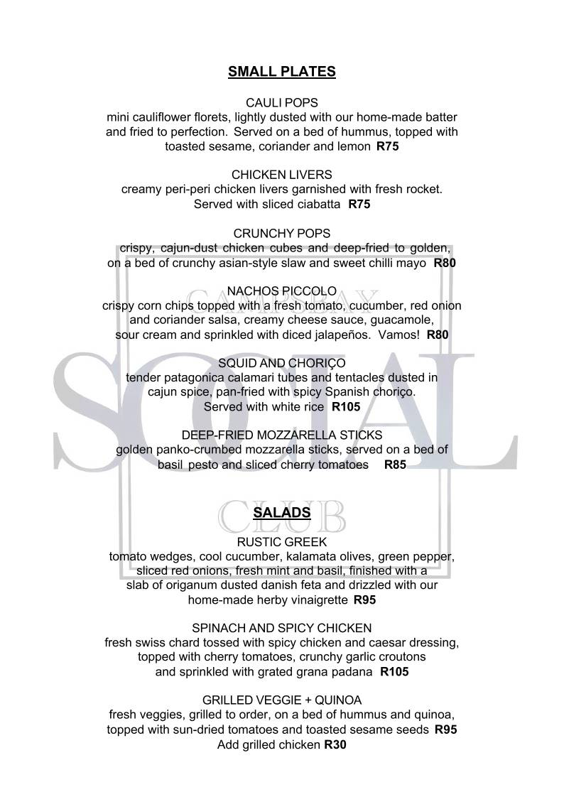 Menu at Camps Bay Social Club, Cape Town