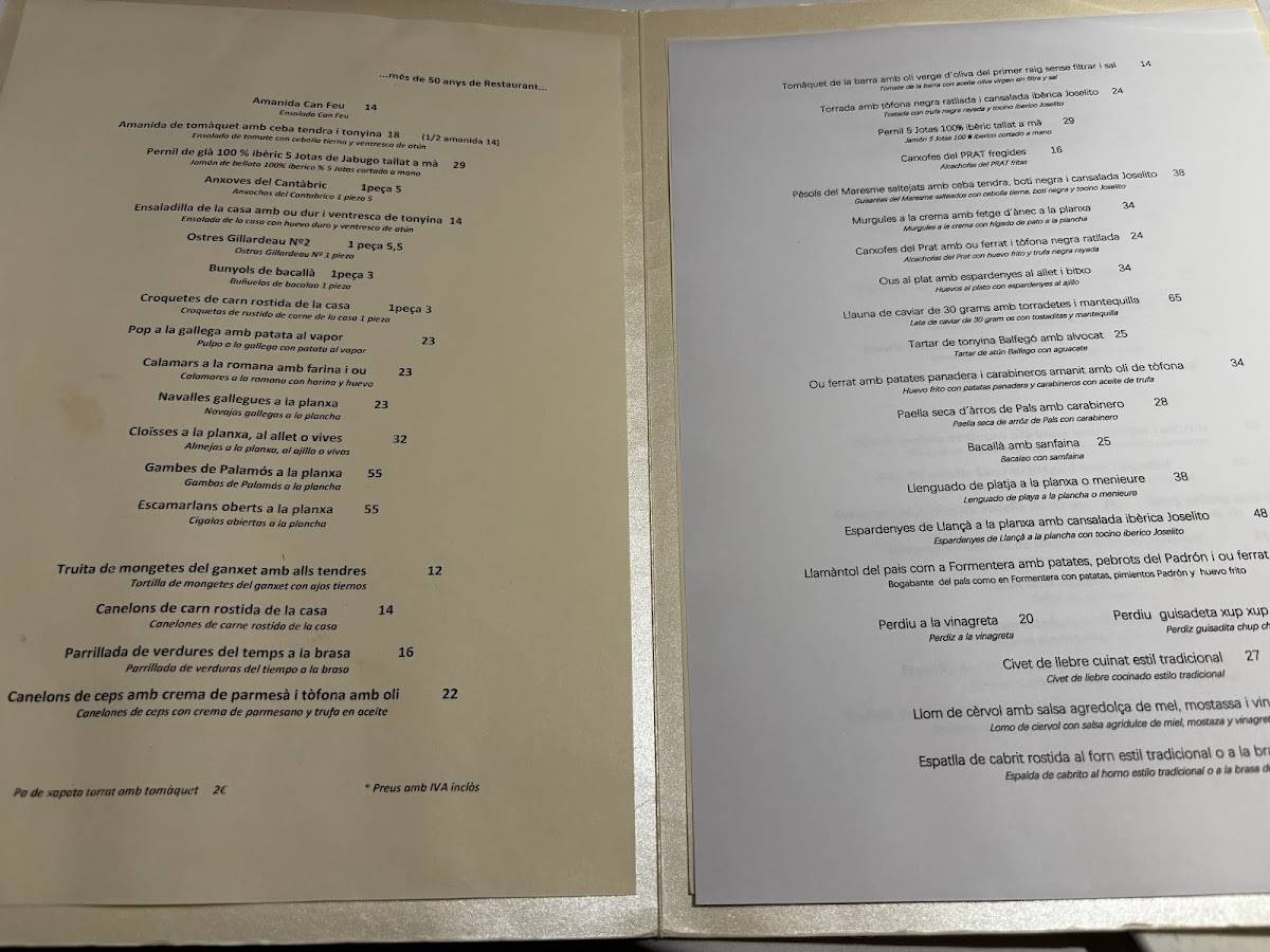 Carta de Restaurant Can Feu, Sabadell