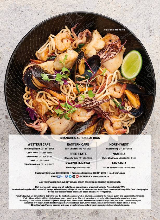 Menu au Cape Town Fish Market restaurant, Durban, Shop F18
