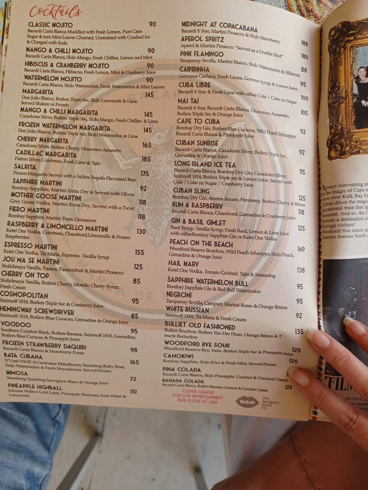 Menu at Cape to Cuba restaurant, Cape Town, 165 Main Rd