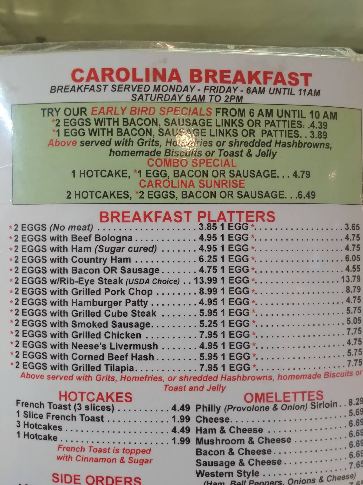 Menu at Carolina Family Restaurant, Charlotte, Wilkinson Blvd