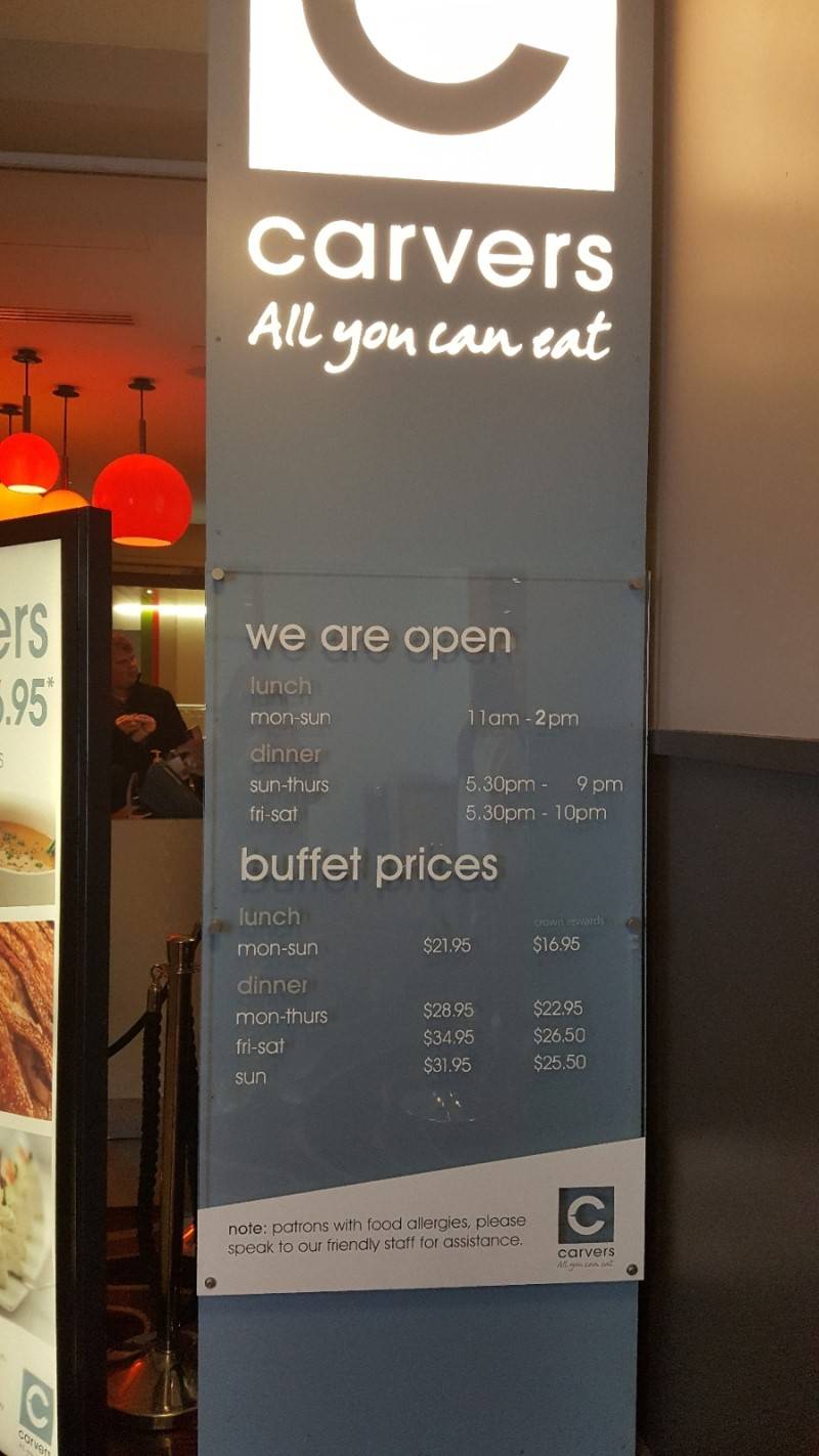 Menu at Carvers restaurant, Burswood, Crown Casino Perth