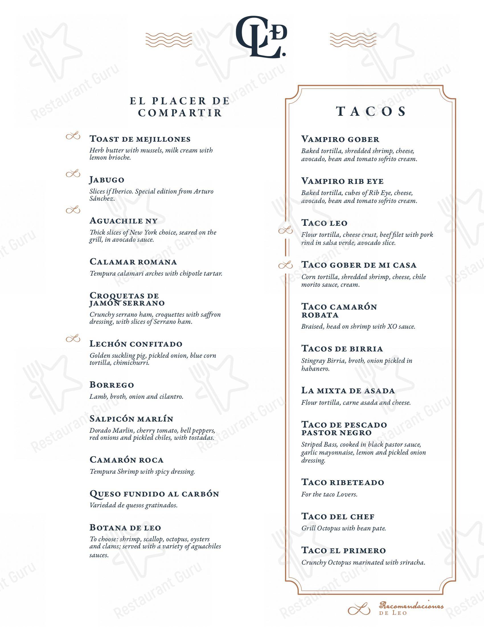 Carta de Casa de Leo Restaurant, Tijuana