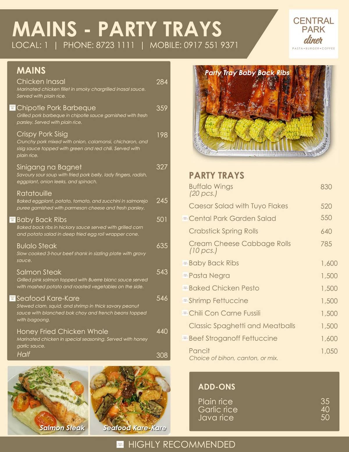 Menu at Central Park Diner restaurant, Quezon City