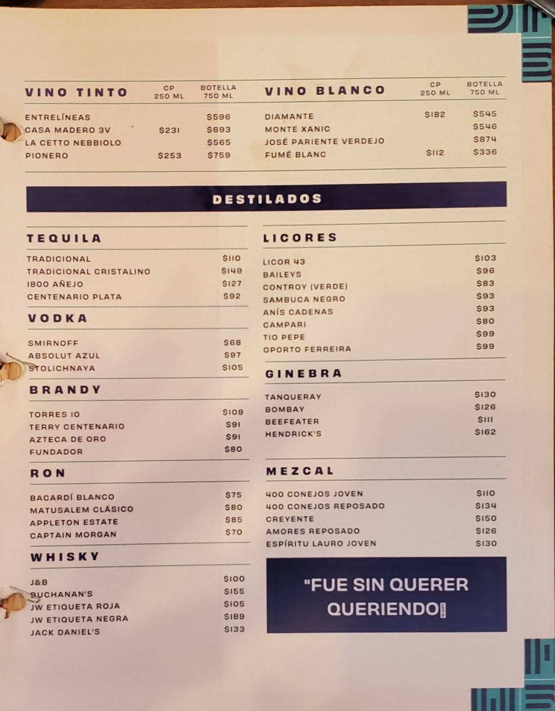 Carta del restaurante Chanfle y Recontrachanfle, Naucalpan del Juárez