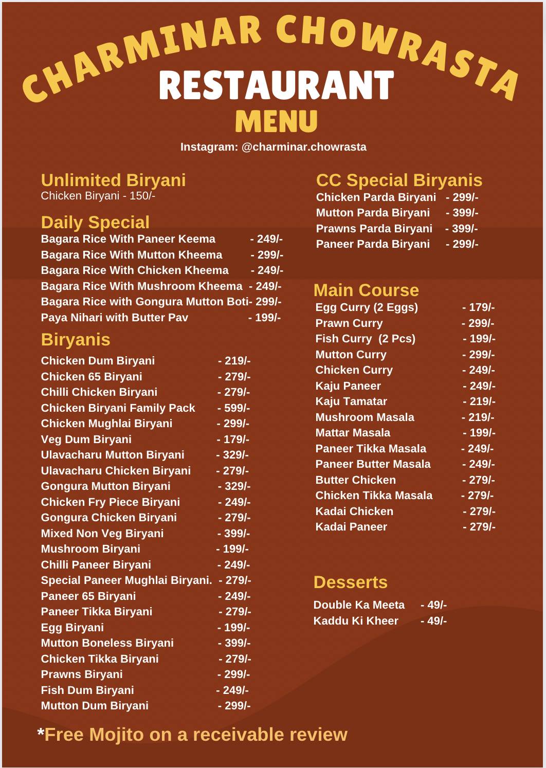 Menu at Charminar Chowrasta Restaurant and Valhalla Cafe, Visakhapatnam ...