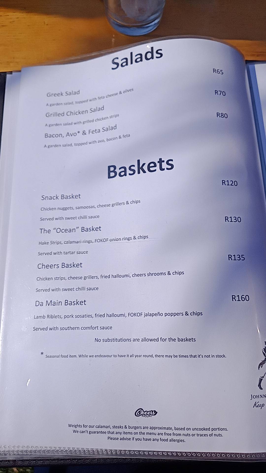 Menu at Cheers Pub & Grill, Kimberley, 39 Main Rd