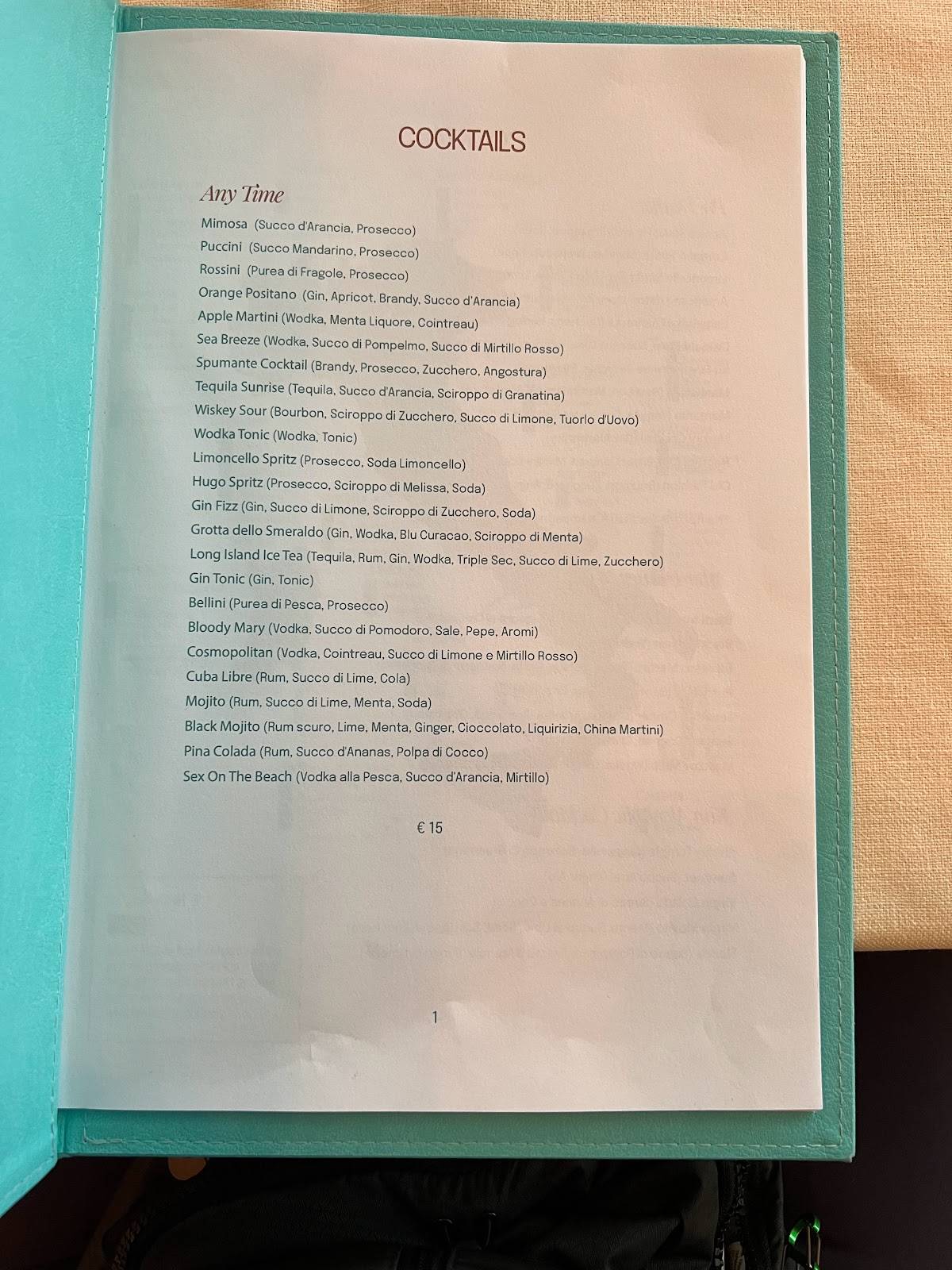 Menu at Chez Black restaurant, Positano