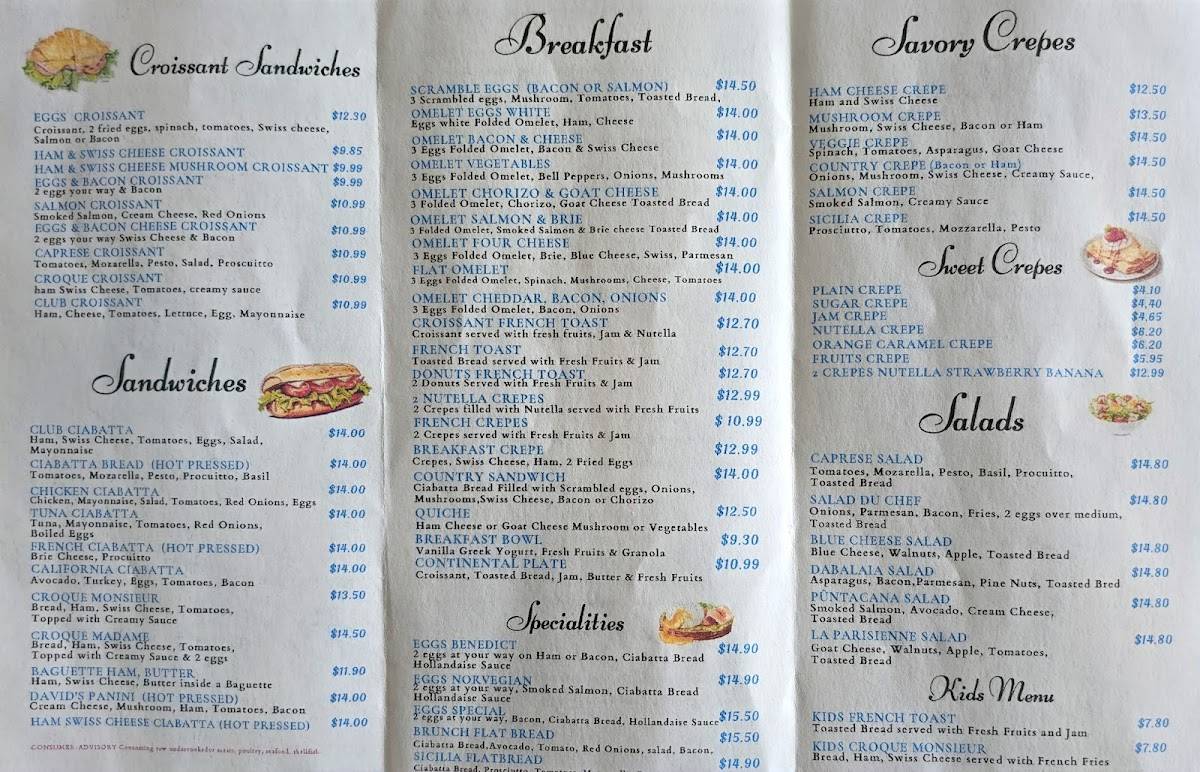 Menu at Chez David restaurant, Clearwater