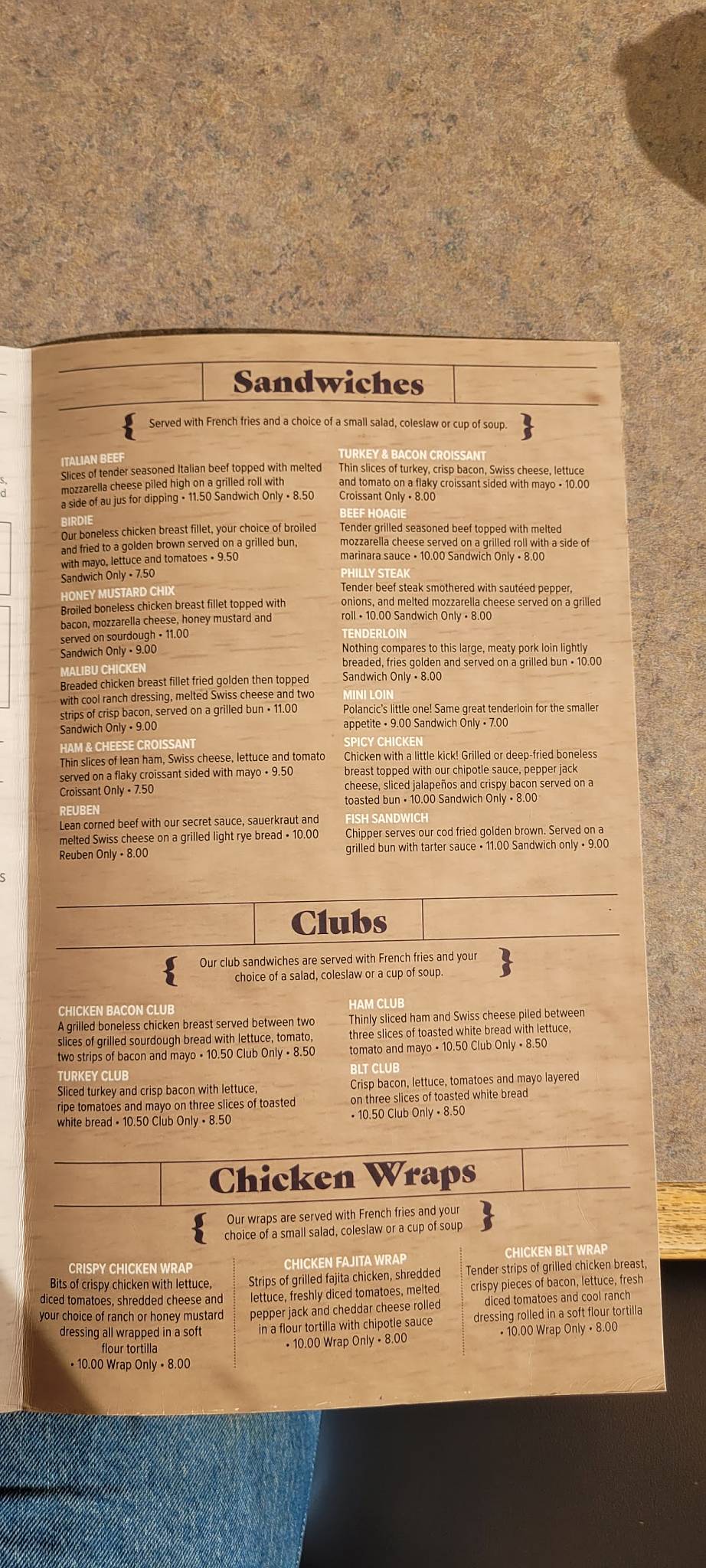 Menu at Chippers Grill restaurant, Streator