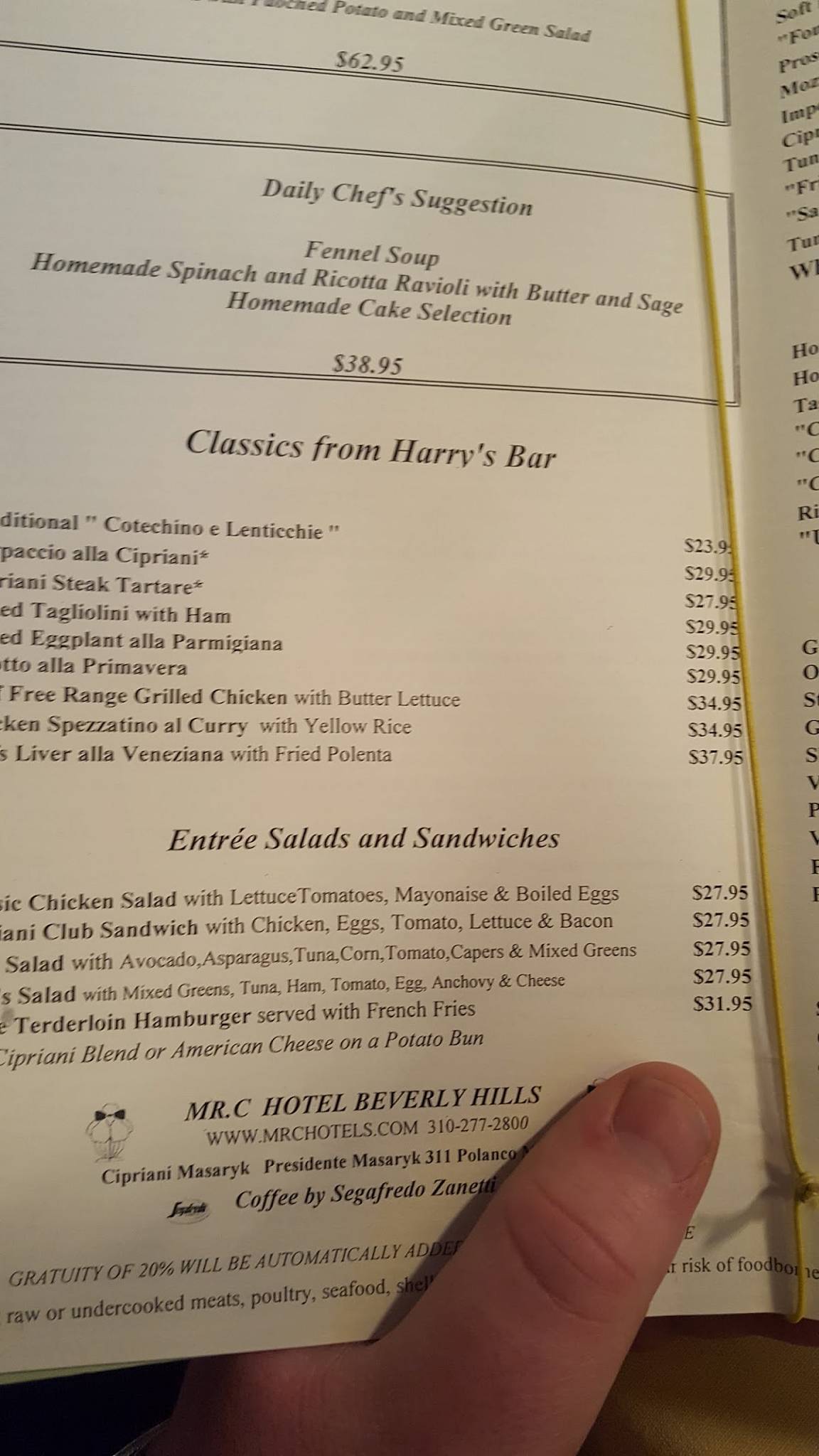 Menu at Cipriani Downtown restaurant, New York City, 376 W Broadway