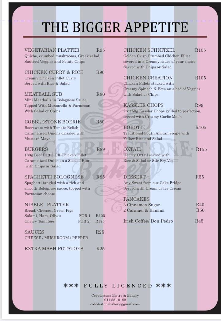 Menu at Cobblestone Bistro & Bakery, Port Elizabeth, 40 6th Ave