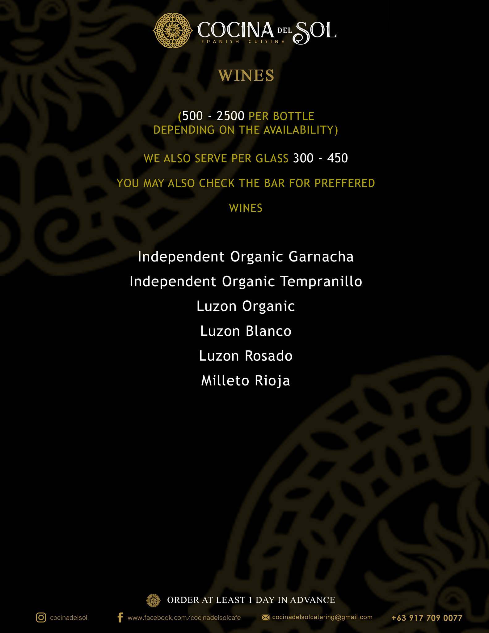 Menu at Cocina del Sol restaurant, Baguio