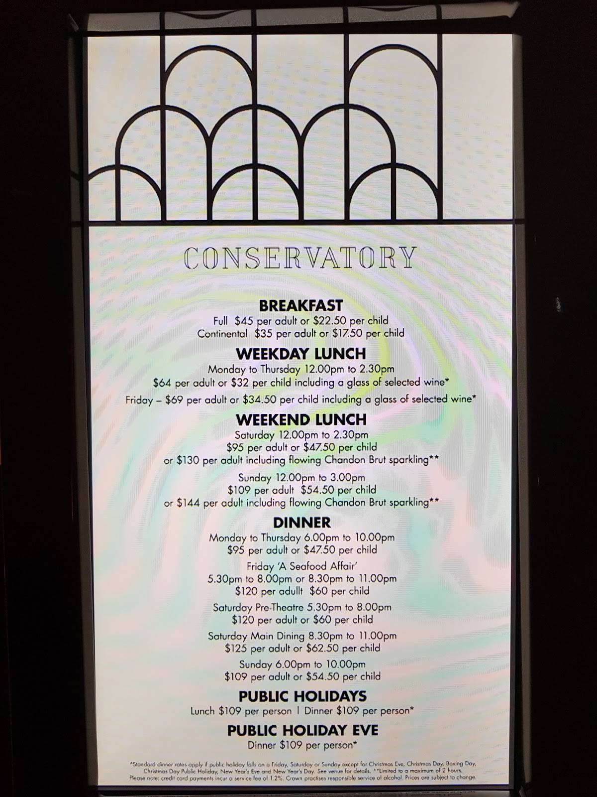 Menu at Conservatory restaurant, Southbank, Crown Melbourne
