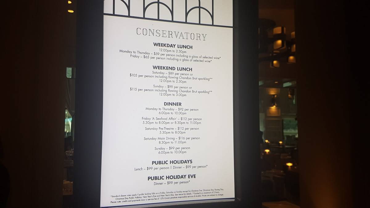 Menu at Conservatory restaurant, Southbank, Crown Melbourne
