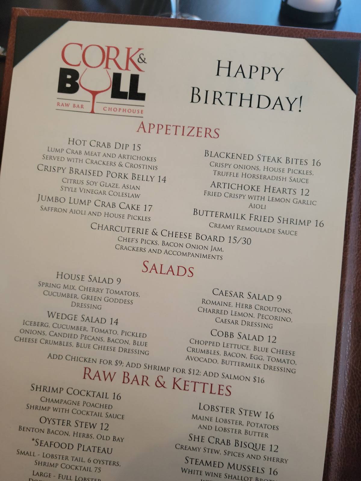 Menu at Cork & Bull Chophouse restaurant, Chesapeake