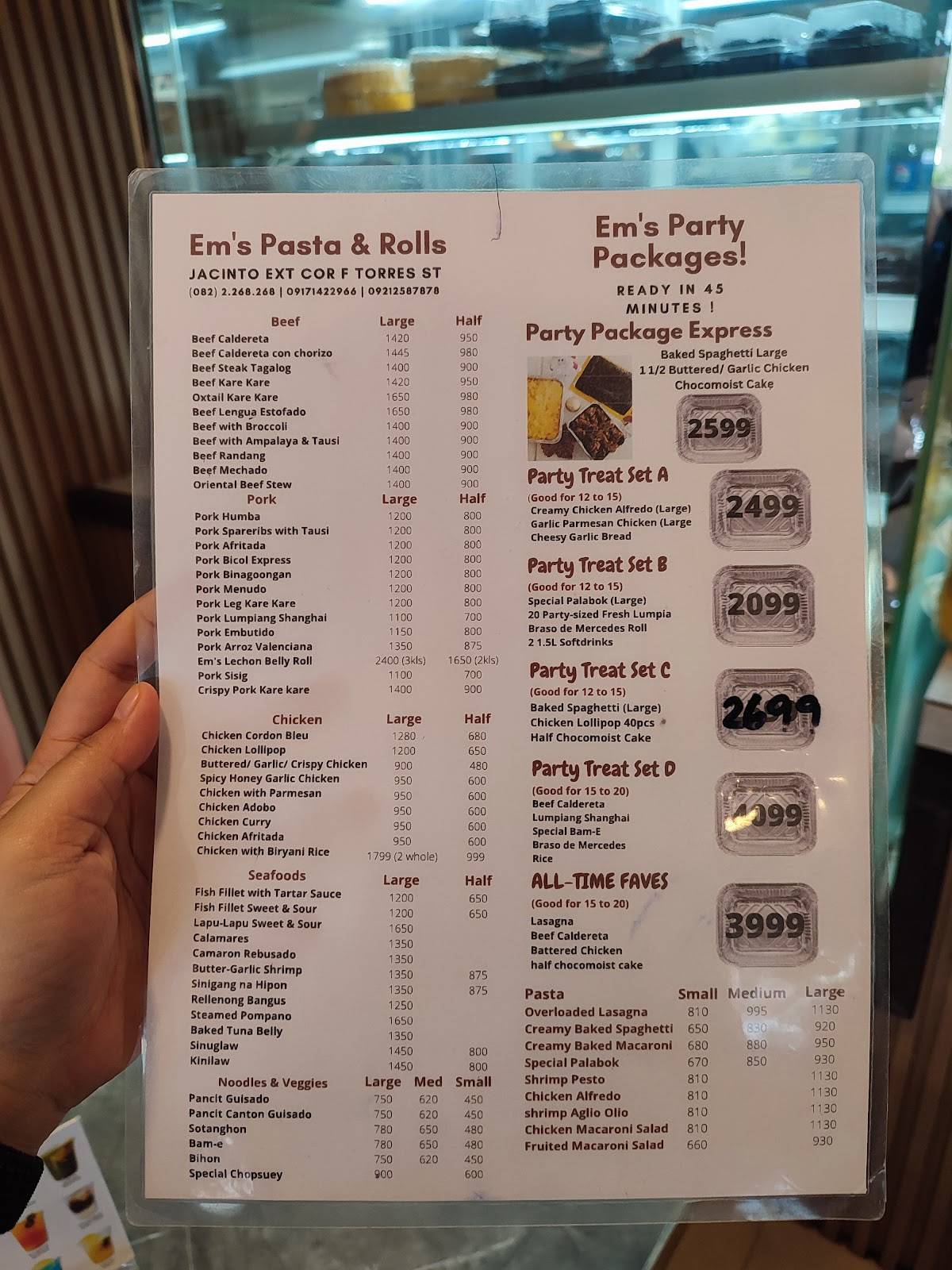 Menu at Cotabato Ems Pasta and Rolls restaurant, Davao City