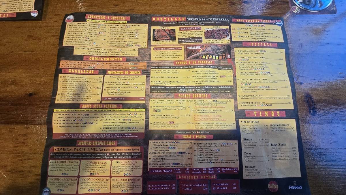 Menu at Country Ribs restaurant, Benidorm, C. Derramador