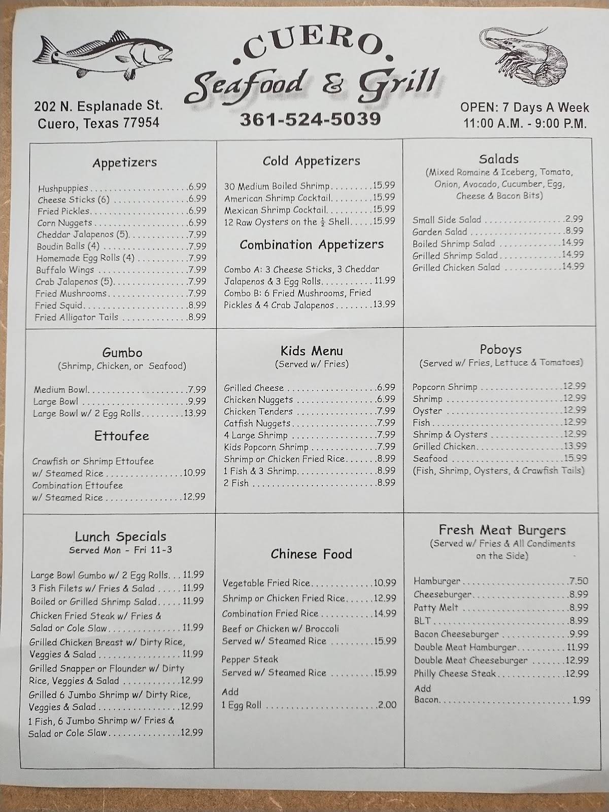 Menu at Cuero Seafood and Grill restaurant, Cuero