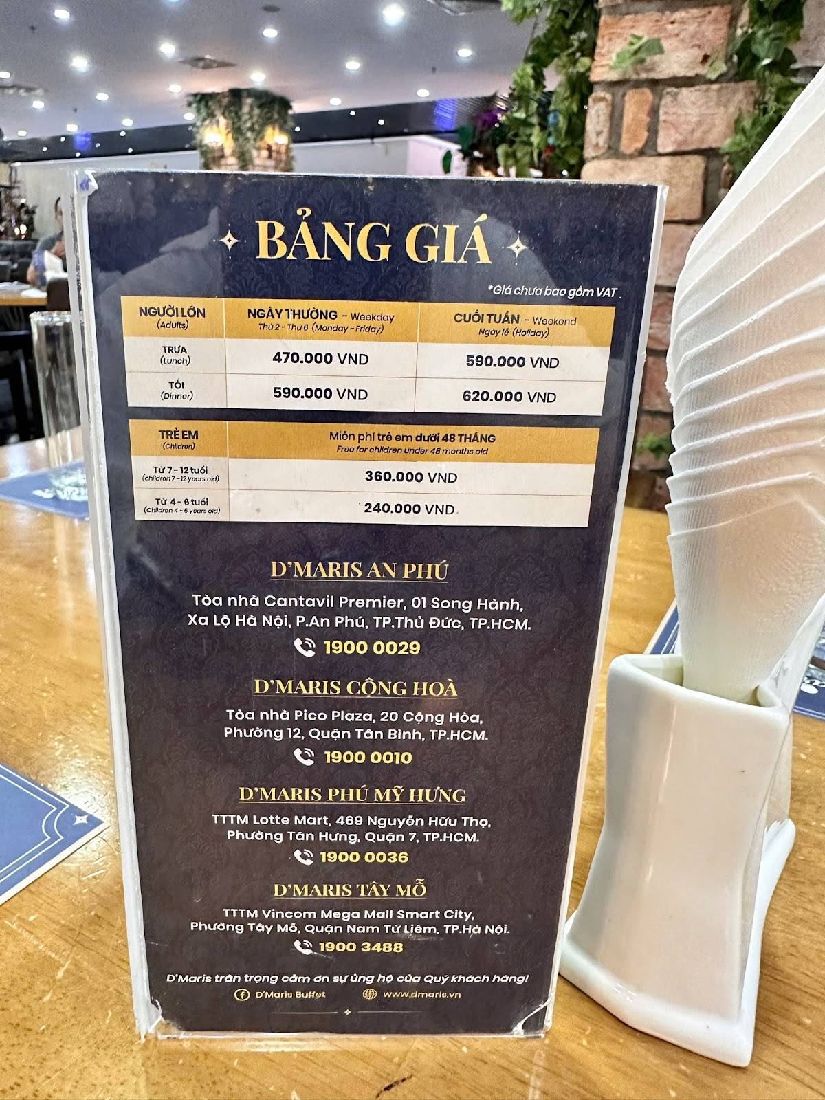 Menu at D'Maris Cộng Hòa restaurant, Ho Chi Minh City