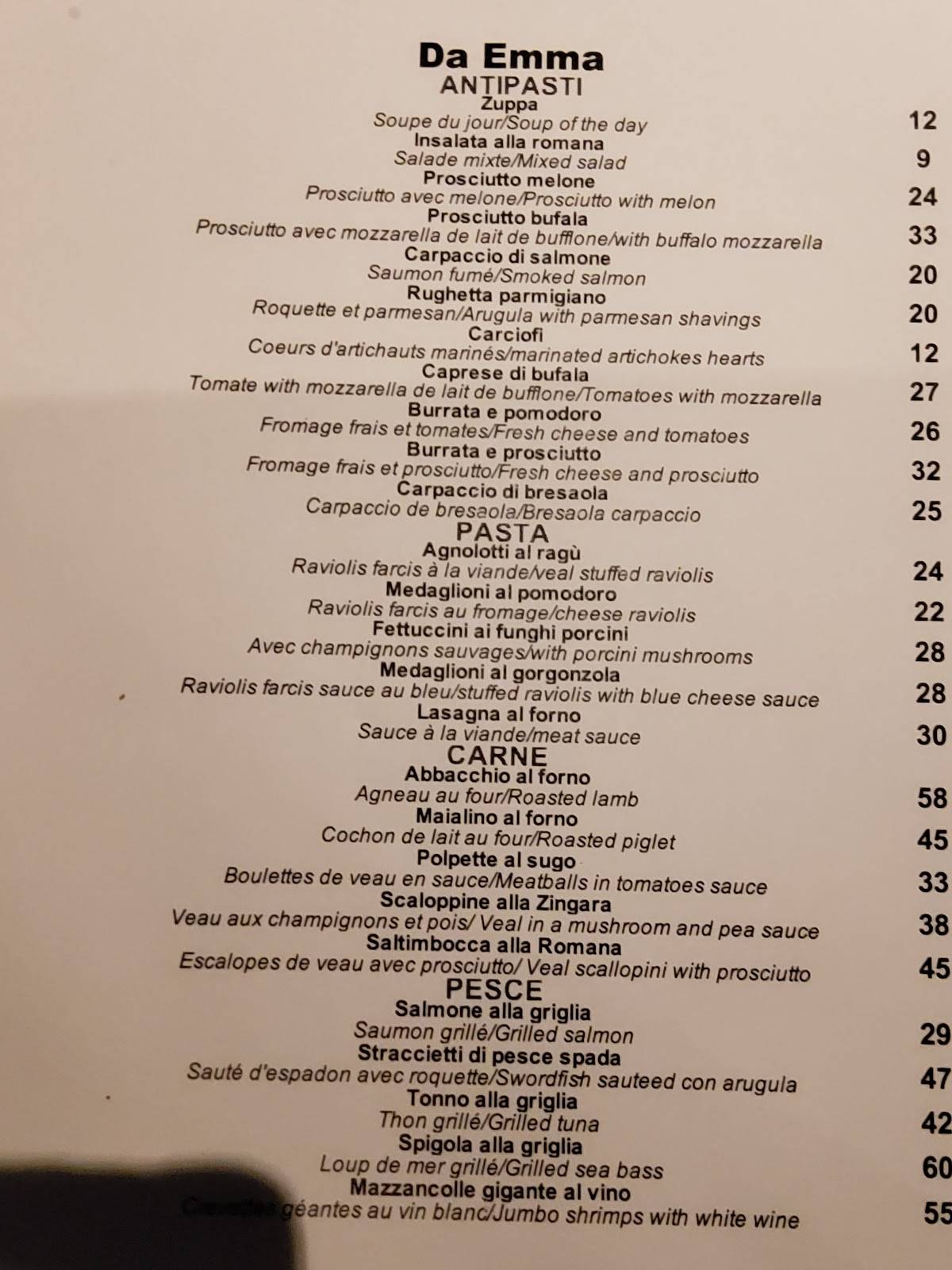 Menu au Restaurant Da Emma, Montréal