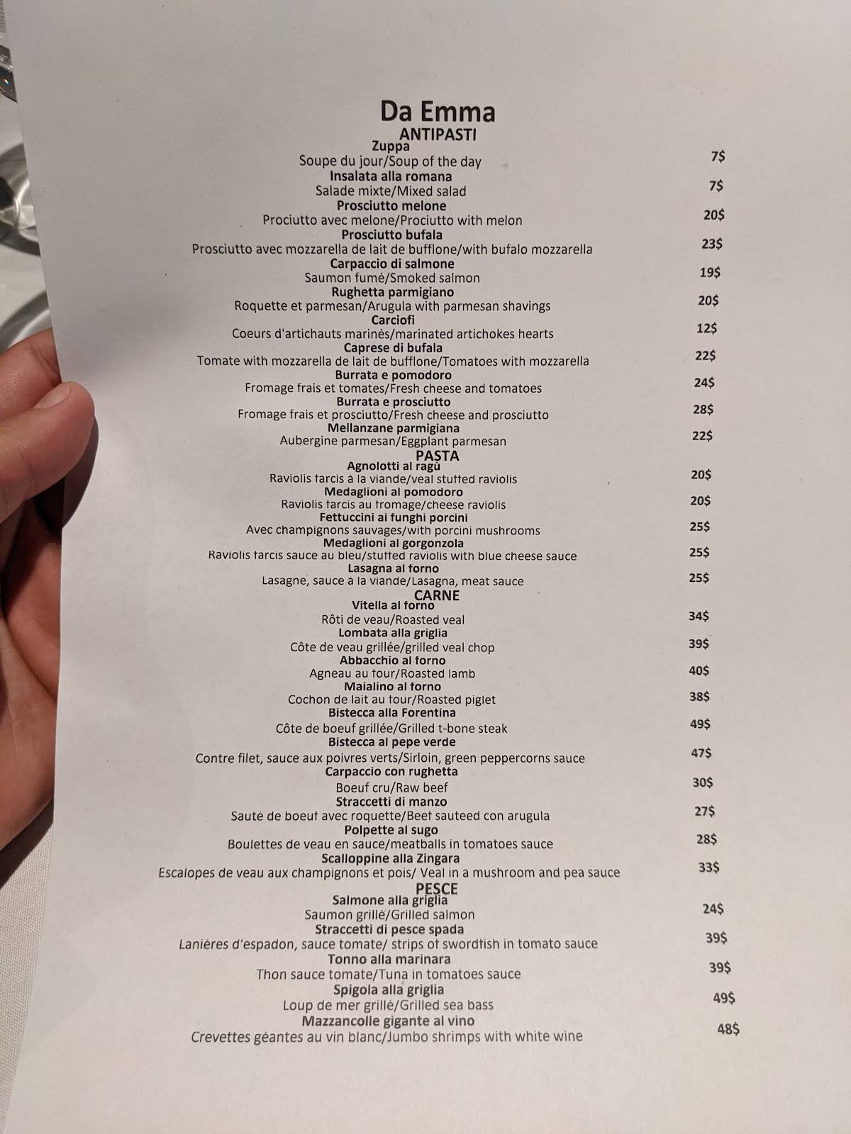 Menu au Restaurant Da Emma, Montréal