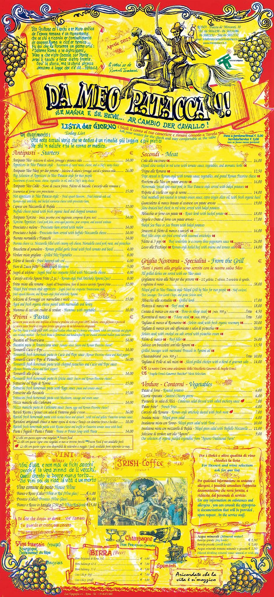 Menu at Da Meo Patacca restaurant, Rome