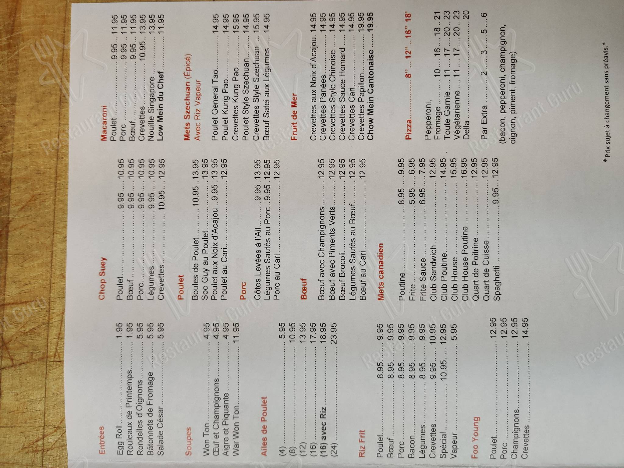 Menu au Restaurant Del, Val-d'Or