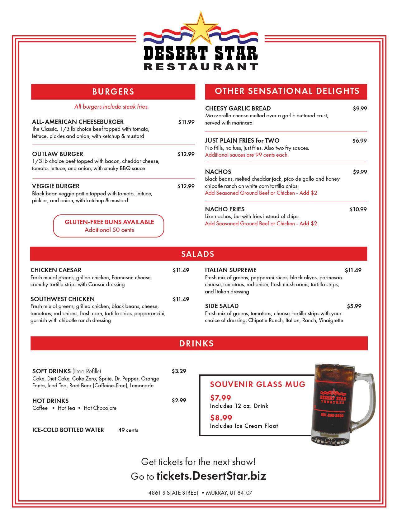 Menu at Desert Star Theatre restaurant, Murray