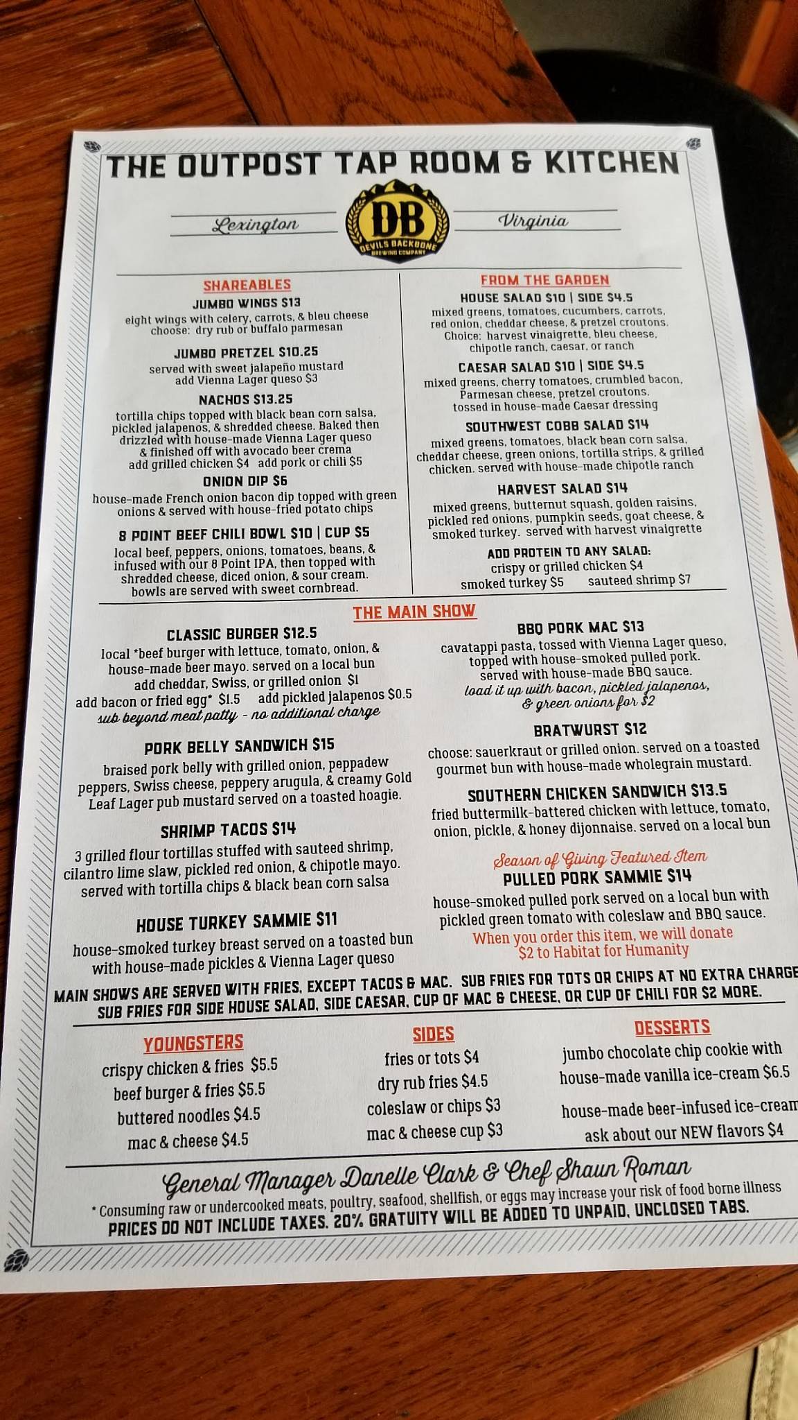Menu at Devils Backbone Brewing Company - Outpost Tap Room & Kitchen restaurant, Lexington