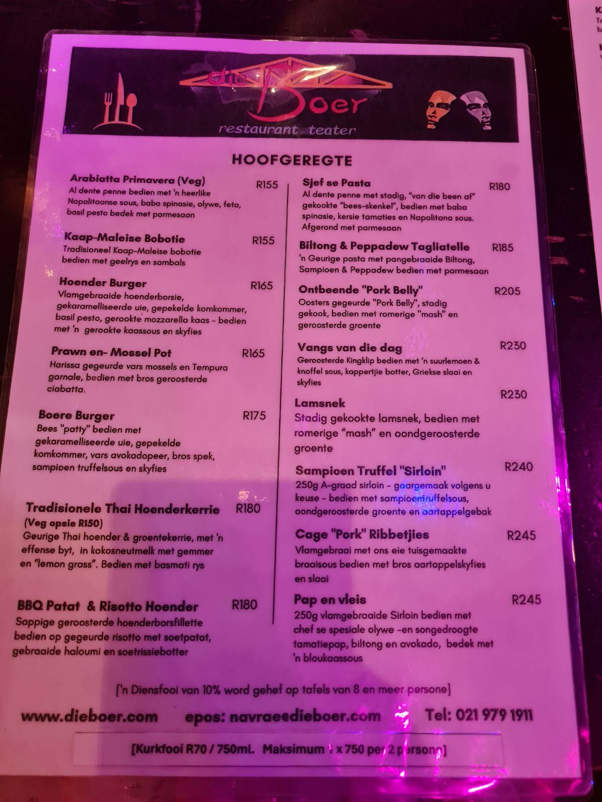 Menu at Die Boer Restaurant Durbanville, Cape Town