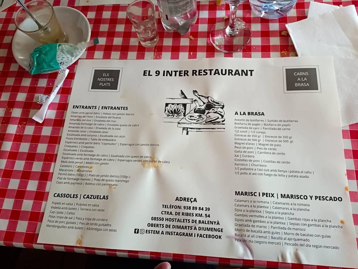 Carta del restaurante EL 9 INTER, Els Hostalets del Balenyà