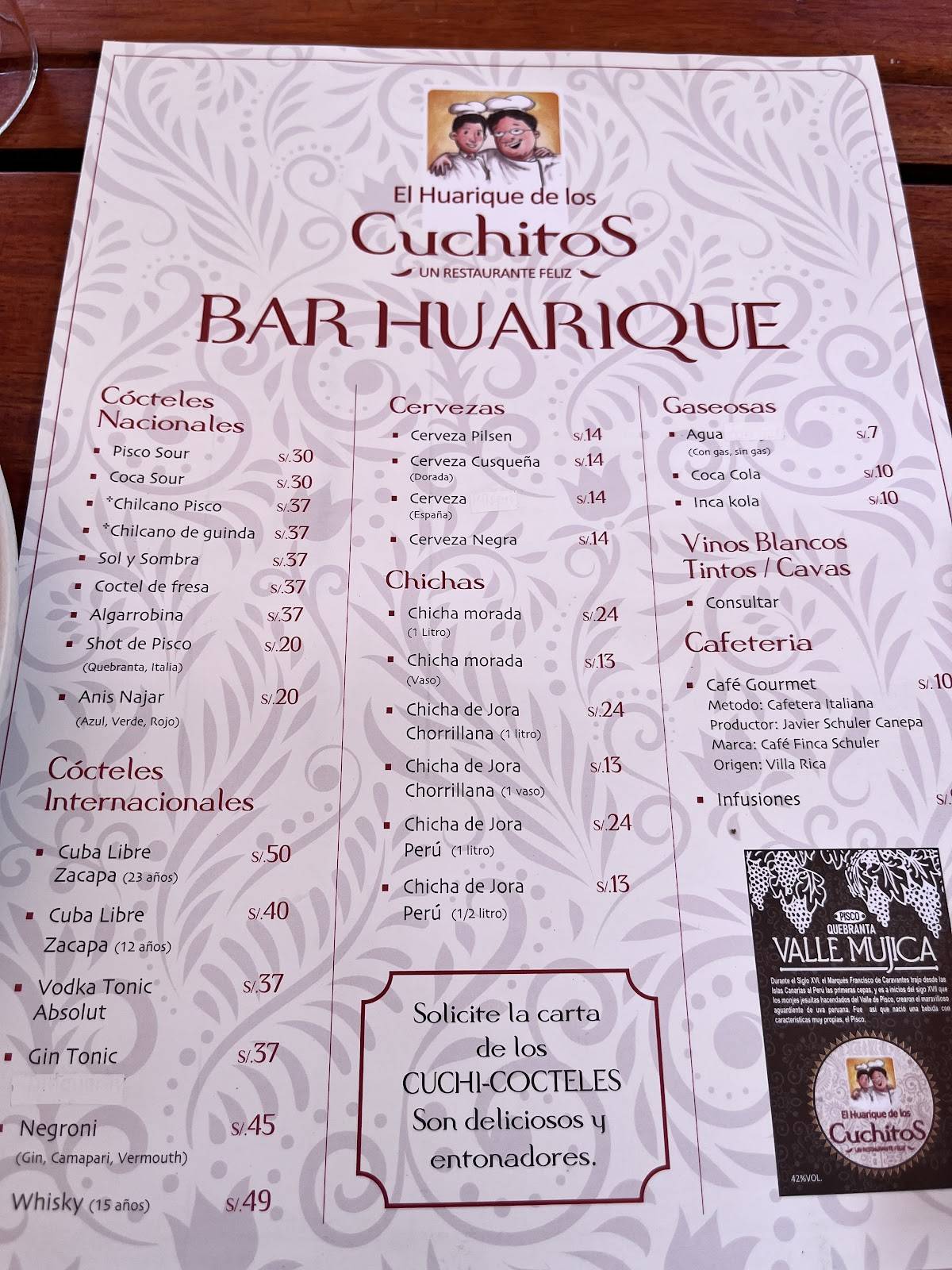 Carta del restaurante EL HUARIQUE DE LOS CUCHITOS, Distrito del Chorrillos
