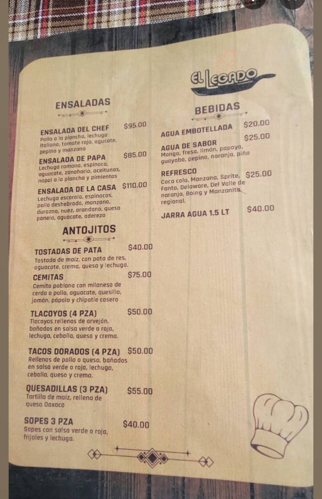 Carta de EL LEGADO - RESTAURANTE BUFFET, Chignahuapan