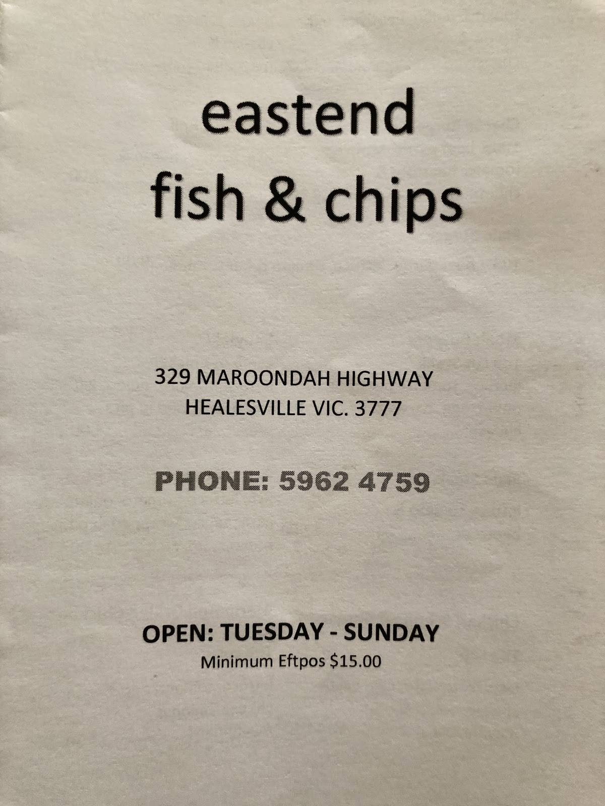 Menu at East End Fish & Chippery restaurant, Healesville