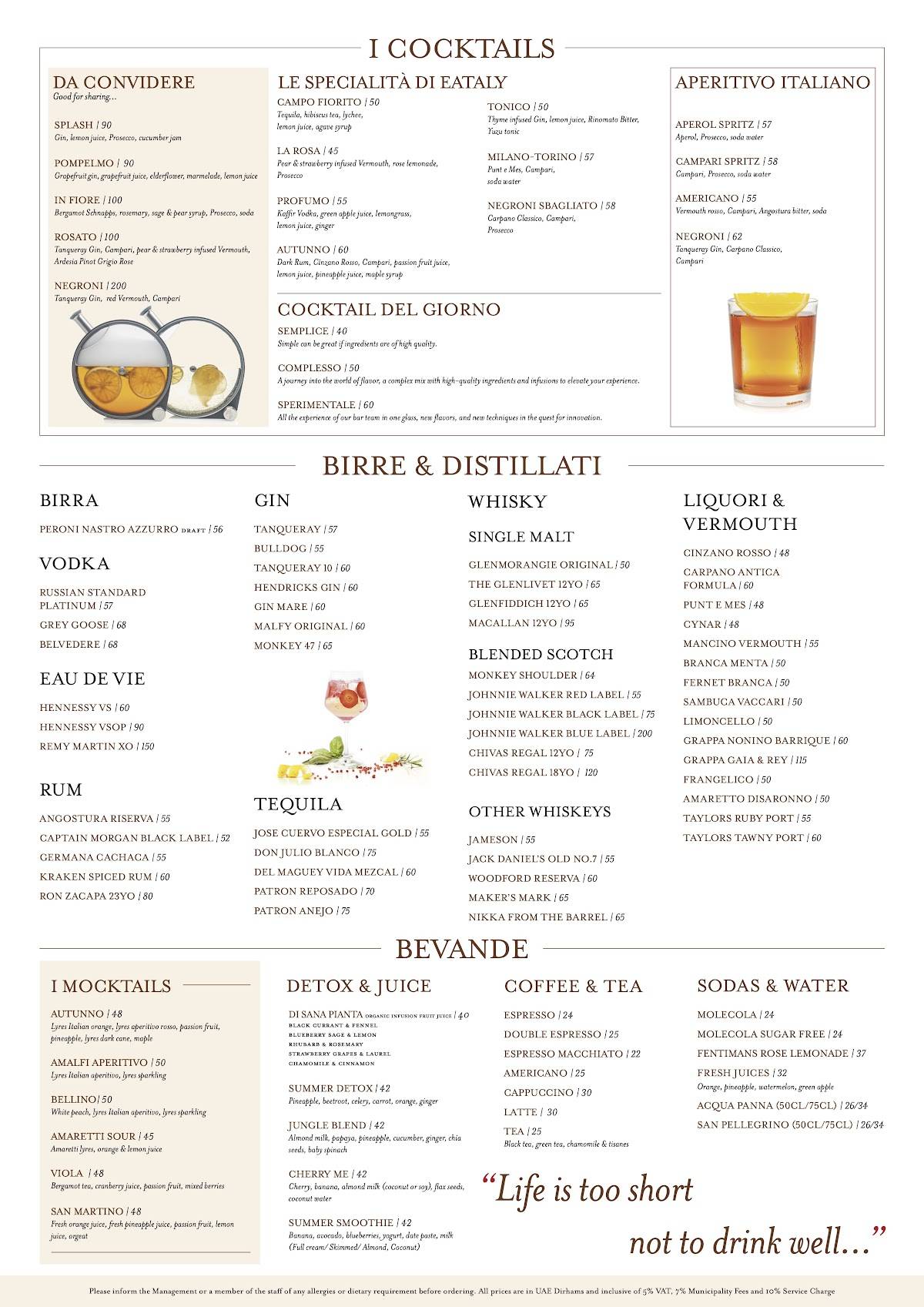 Carta del restaurante Eataly at The Beach Dubai, Dubai