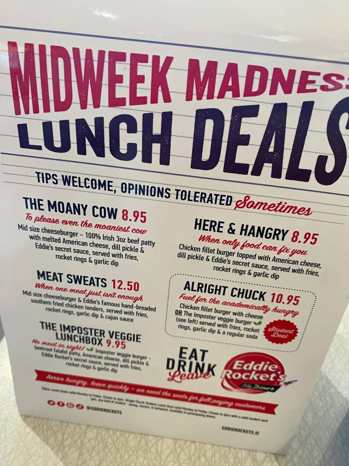 Carta del restaurante Eddie Rockets, Celbridge, Shopping Centre