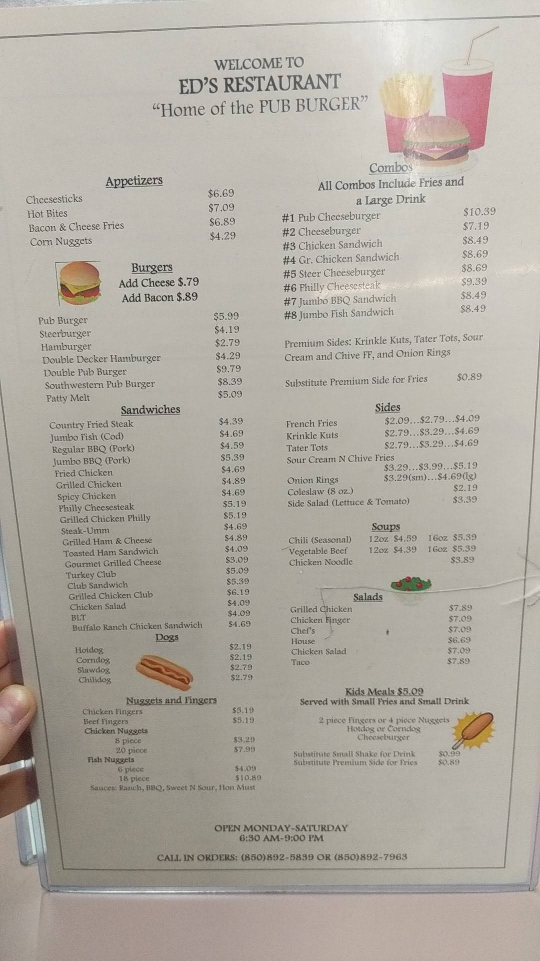 Menu at Ed's Restaurant, DeFuniak Springs, US-90