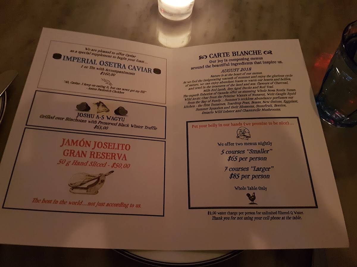 Menu at Edulis Restaurant, Toronto, 169 Niagara St