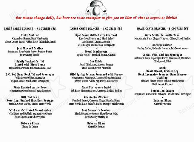 Menu at Edulis Restaurant, Toronto, 169 Niagara St