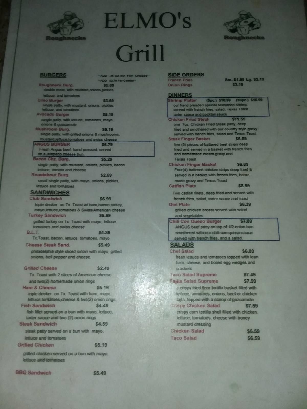 Menu at Elmo's Grill restaurant, West Columbia