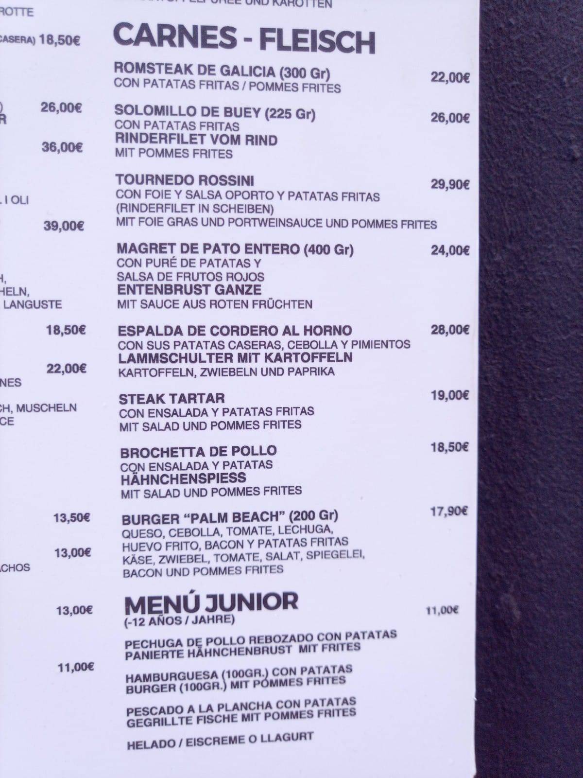Carta del restaurante Escala Park, La Escala
